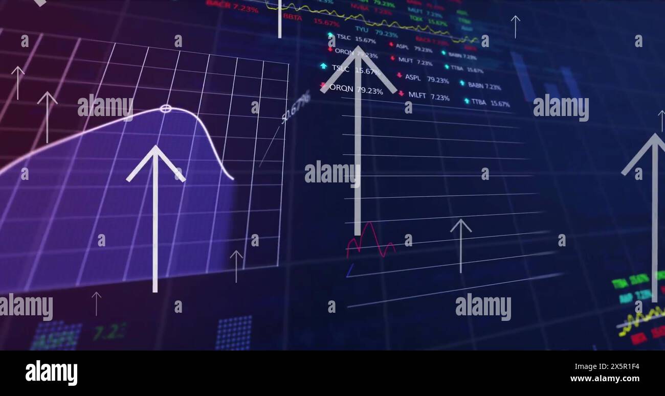 Image of up arrows, graphs, trading boards and computer language over black background Stock ...