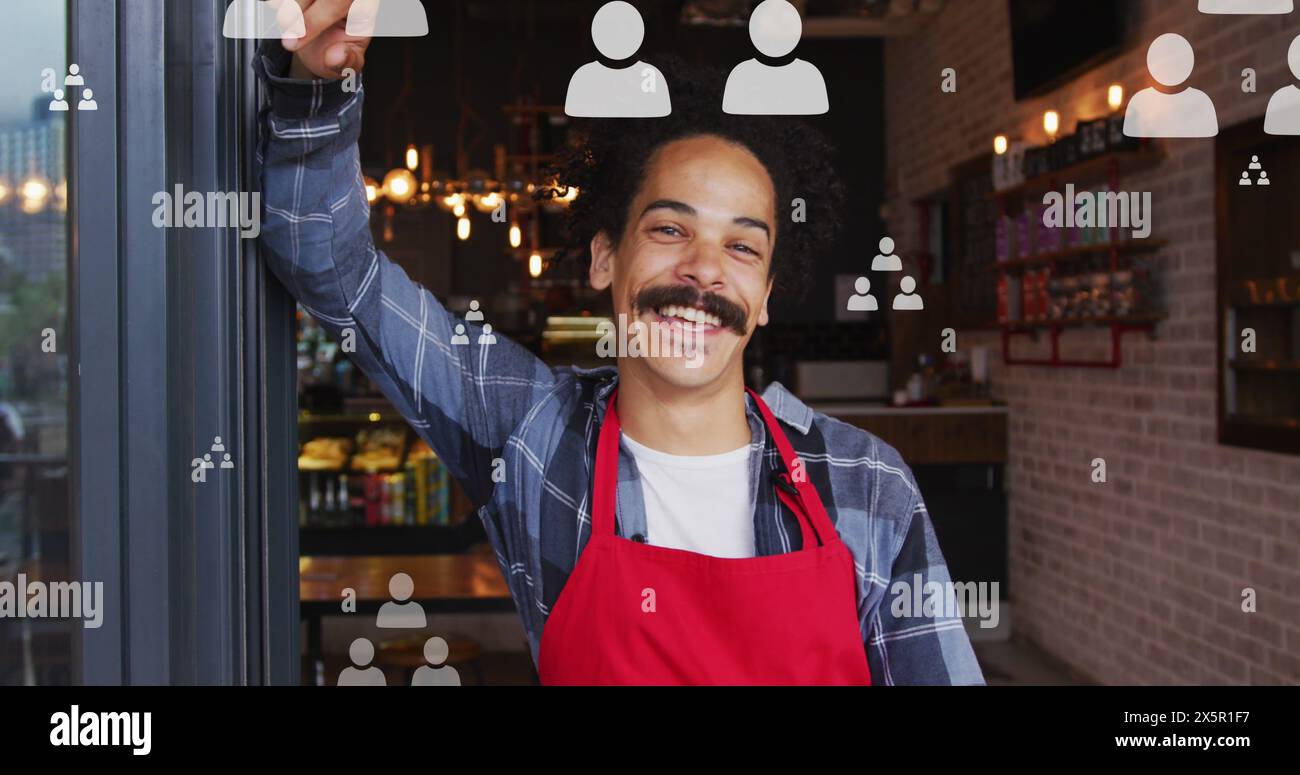 Image of profile icons flowcharts, smiling biracial male barista ...
