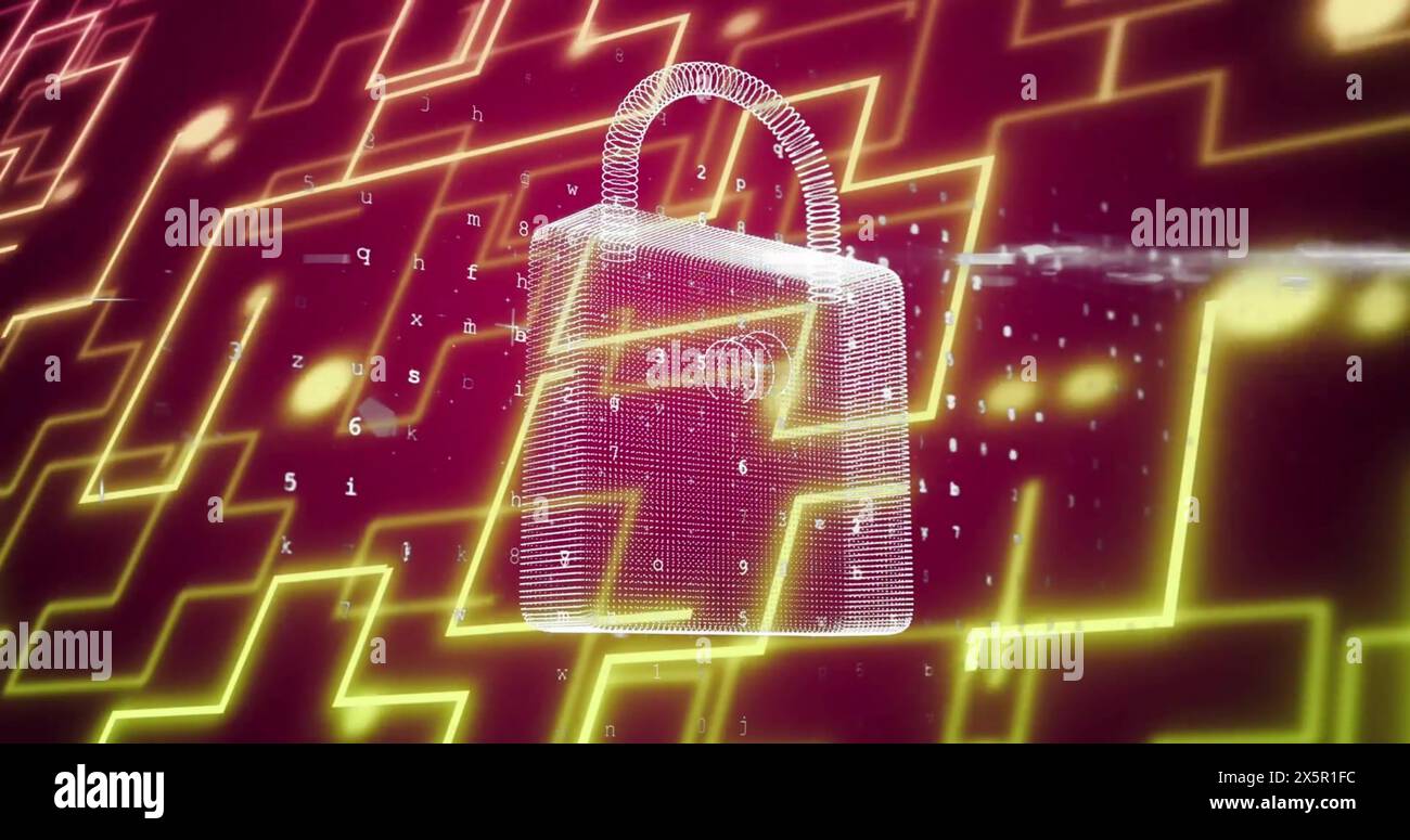 Image of padlock and dots moving in lines over abstract background Stock Photo - Alamy