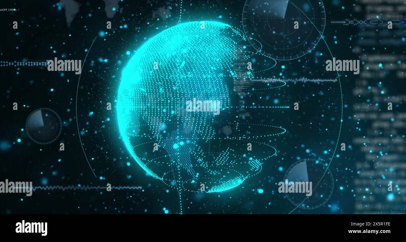 Image of circles around globe and computer language with dots over ...