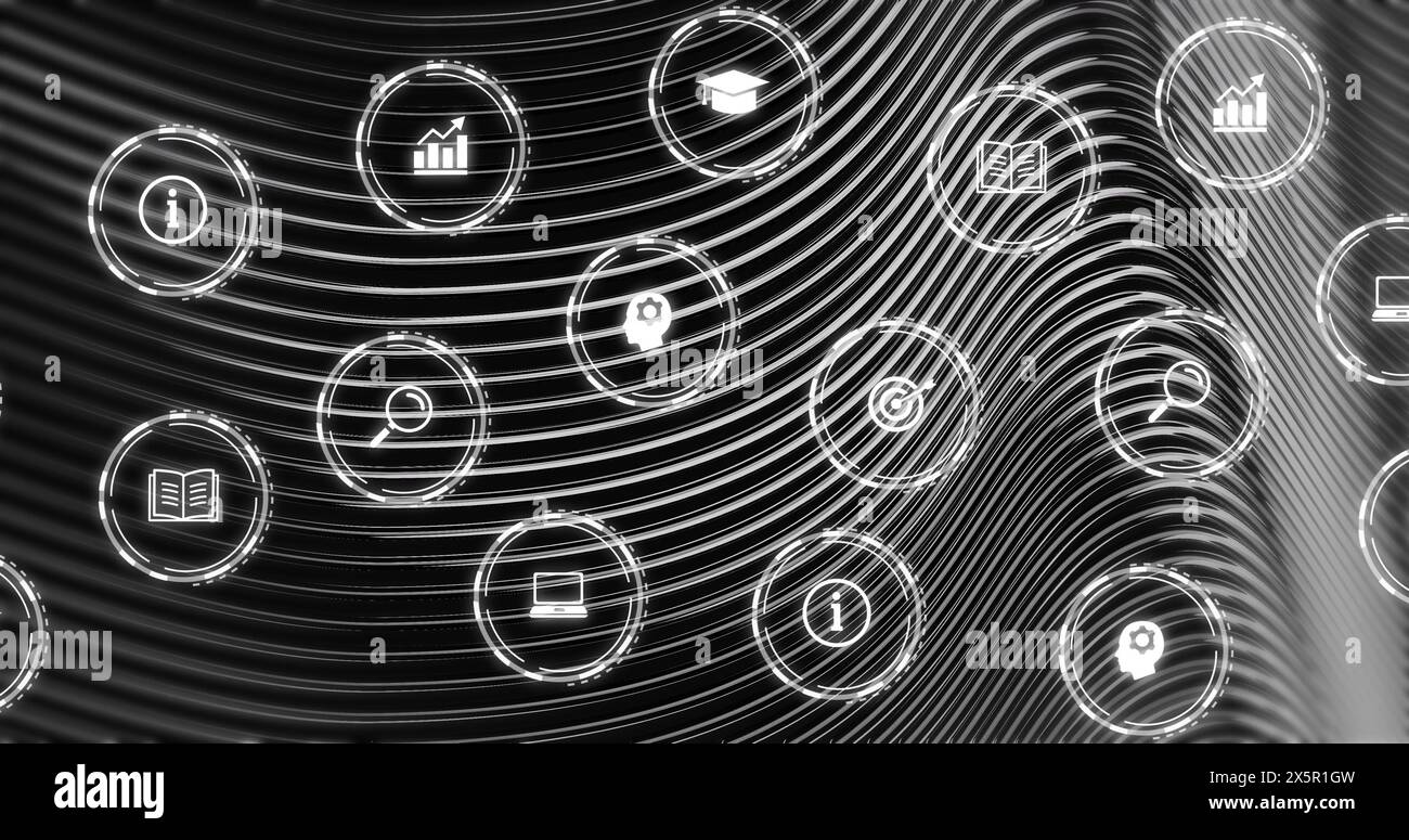 Floating digital icons over black background are displaying Stock Photo ... Floating digital icons over black background are displaying Stock Photo ...