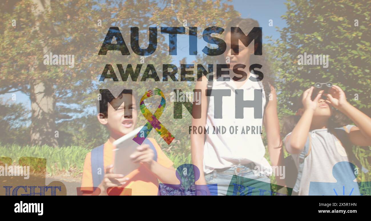 Image of autism awareness text and colorful puzzle pieces over happy ...