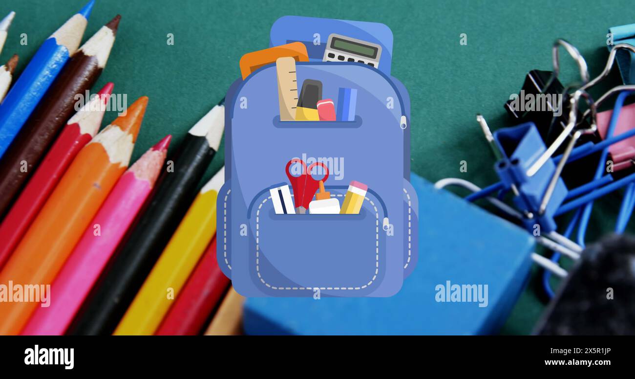 School supplies encircling blue backpack, signaling readiness for ...