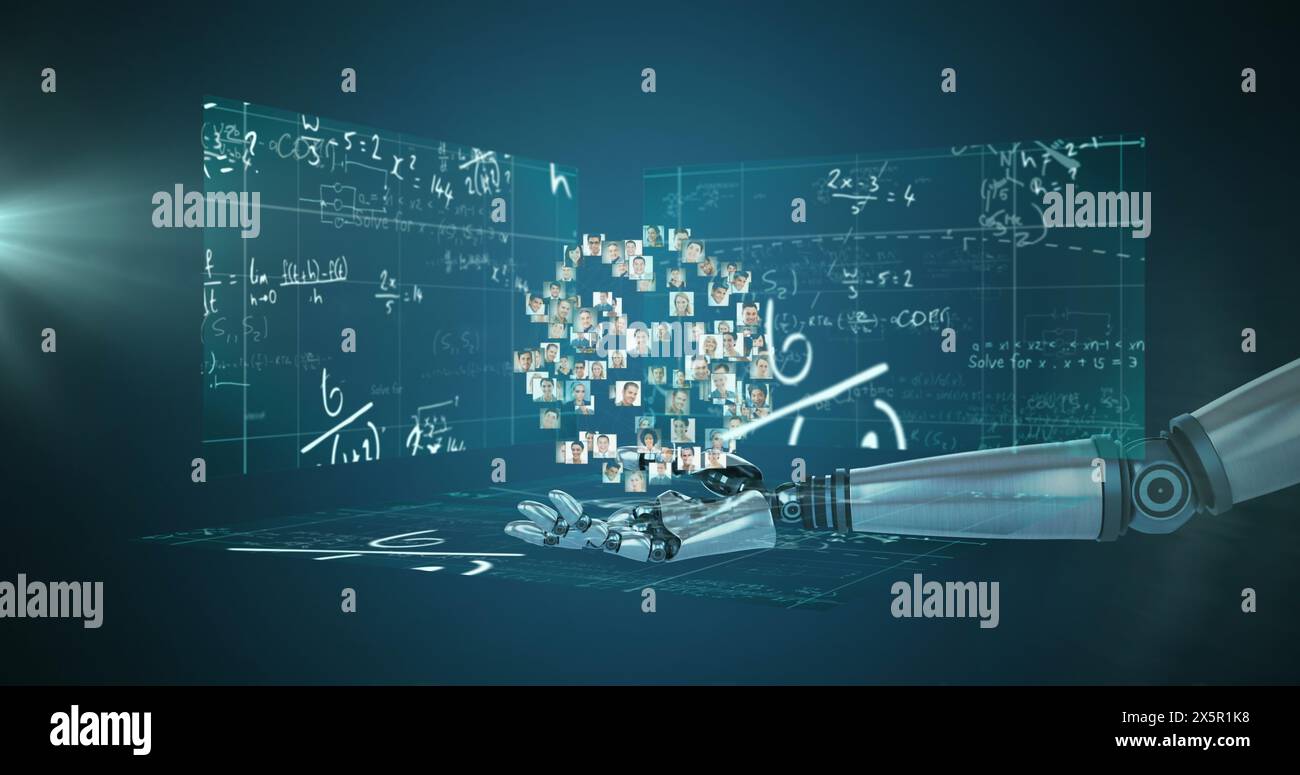 Globe of network of businesspeople over robotic hand against screens ...