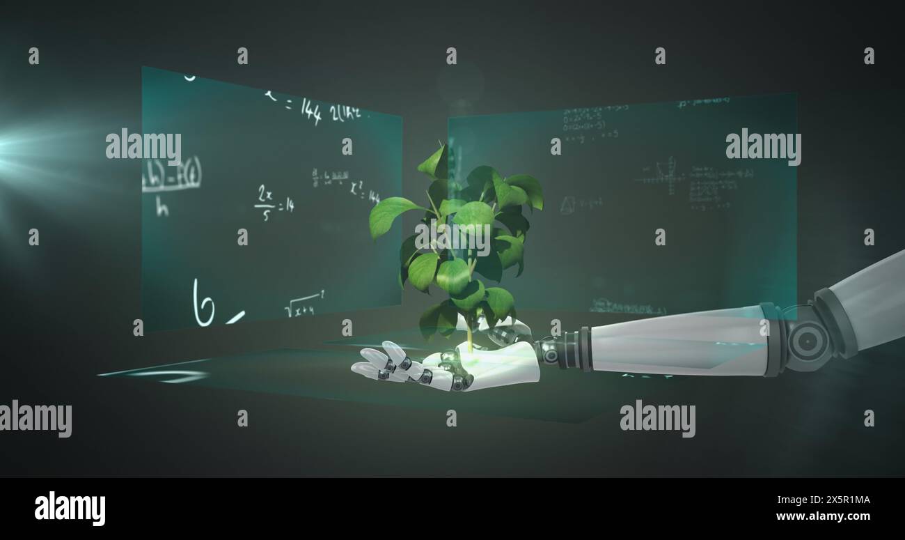 Image of plant over robot's arm and data processing on screens Stock Photo - Alamy