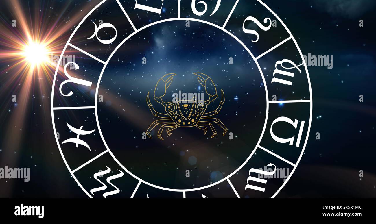 Image of cancer star sign with horoscope wheel spinning over stars on ...