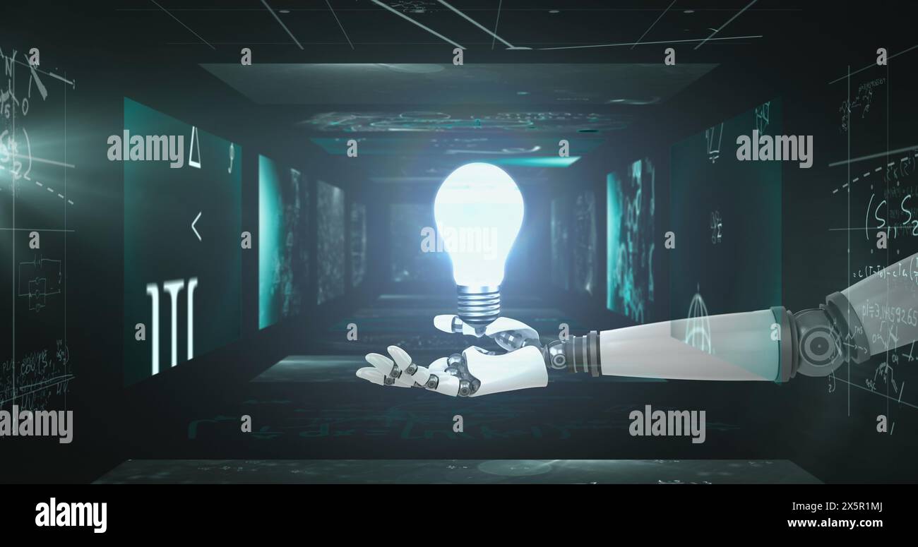 Image of glowing light bulb over robot's arm and data processing on screens Stock Photo - Alamy