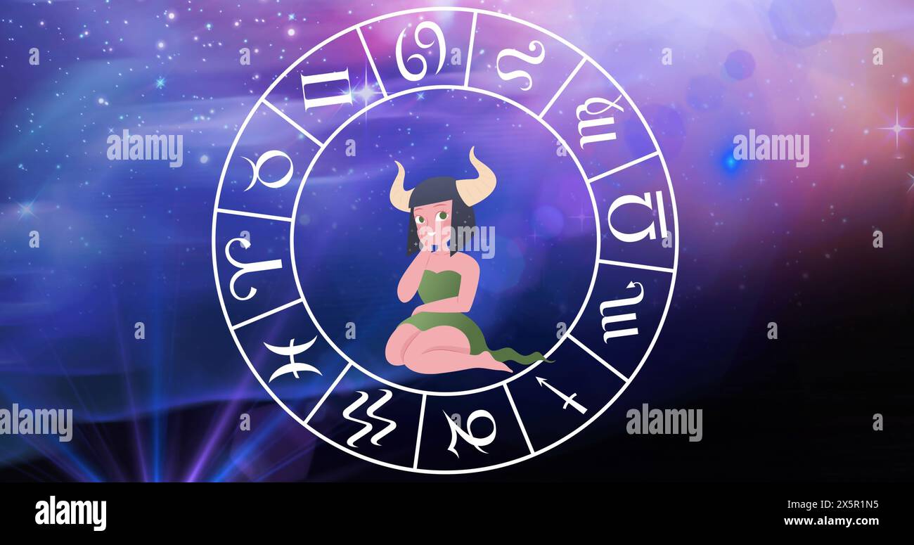 Image of taurus star sign with horoscope wheel spinning over stars on ...