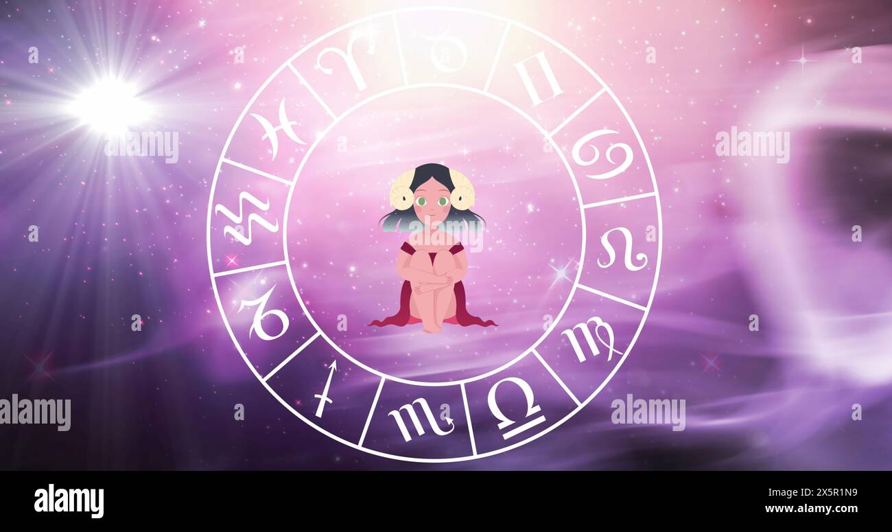 Image of aries star sign with horoscope wheel spinning over stars on ...