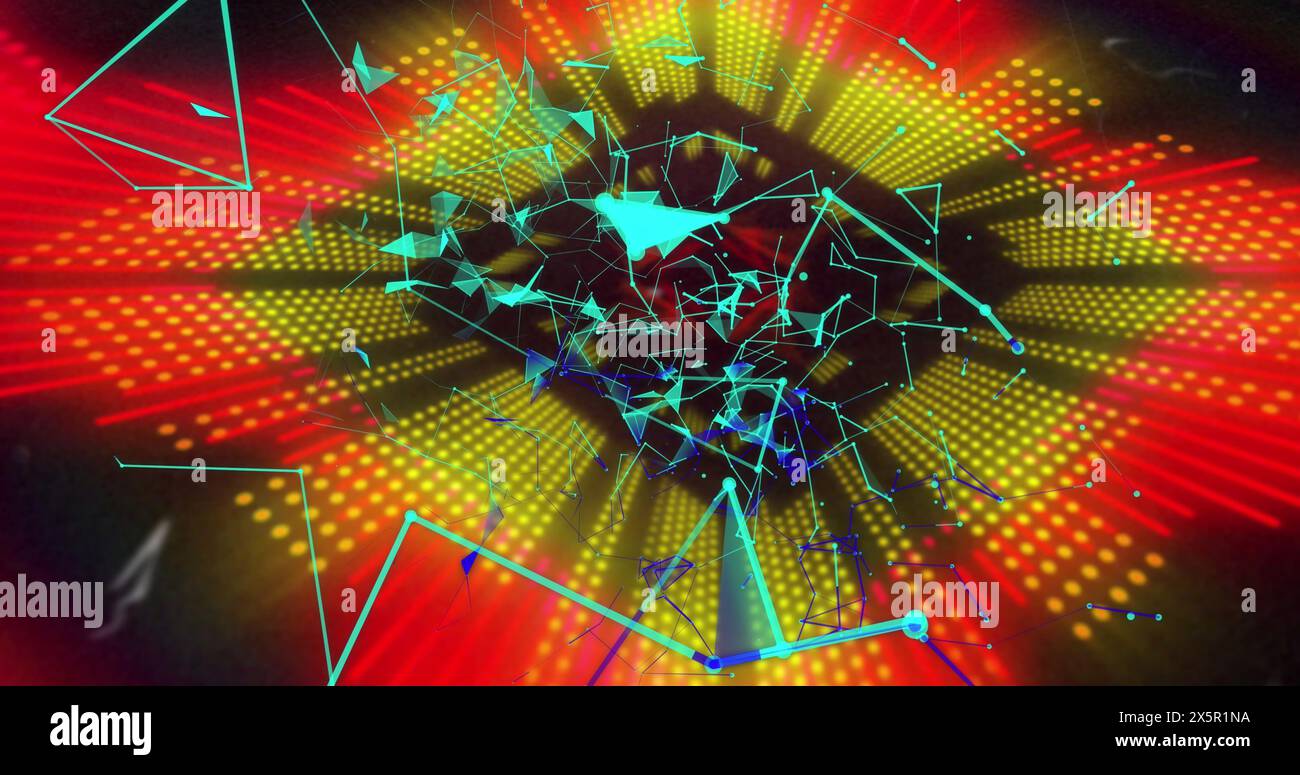 Image of networks of connections, abstract shapes over glowing neon ...