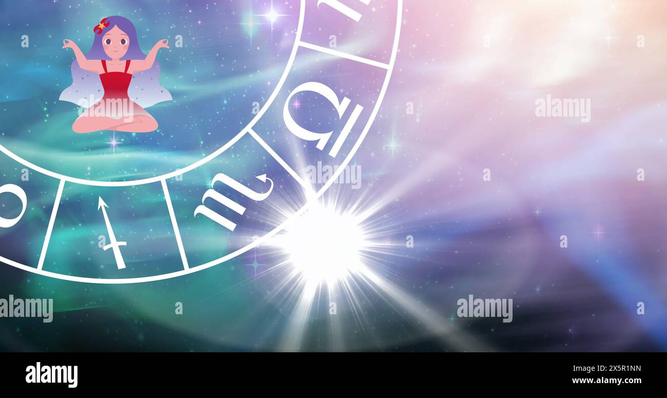 Image of star sign with horoscope wheel spinning over stars on green to ...