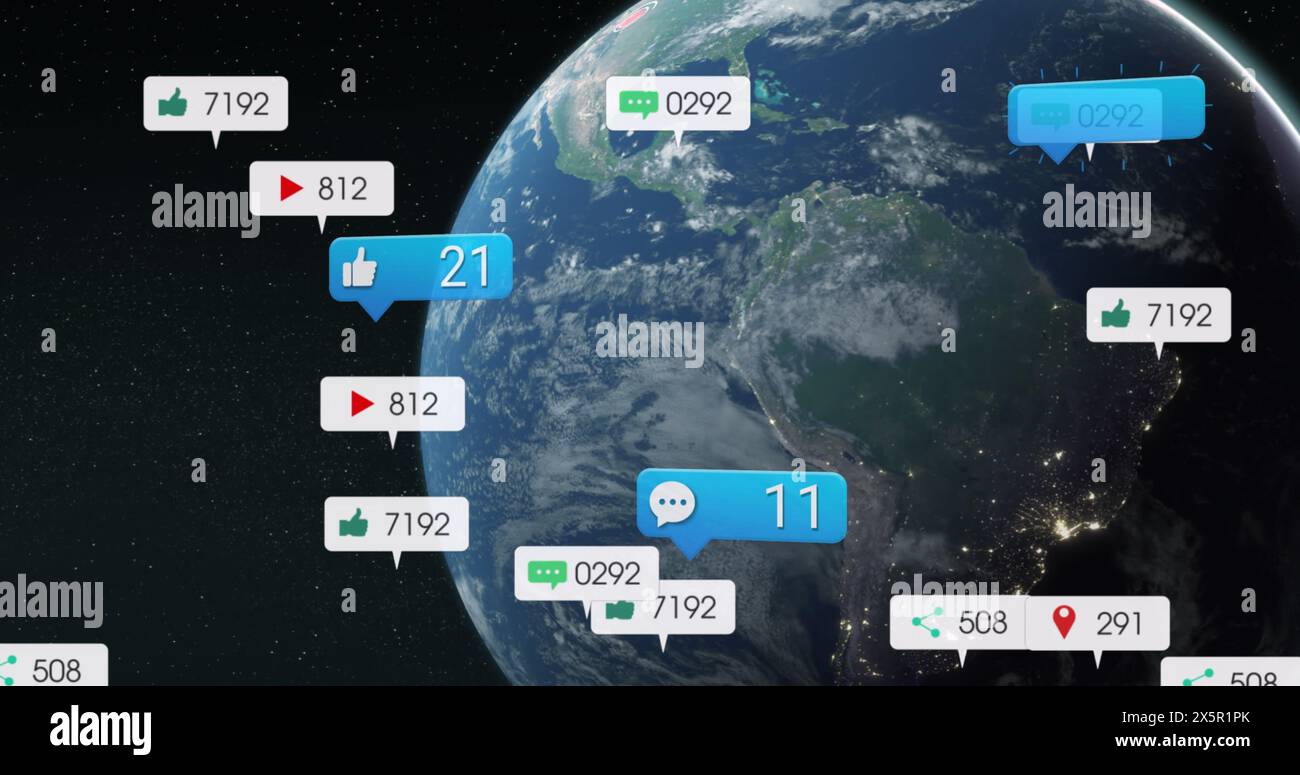 Image of social media icons and numbers over globe Stock Photo - Alamy