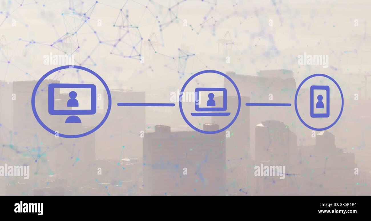 Image of digital computer icons in flow chart and dots connected with lines against buildings ...