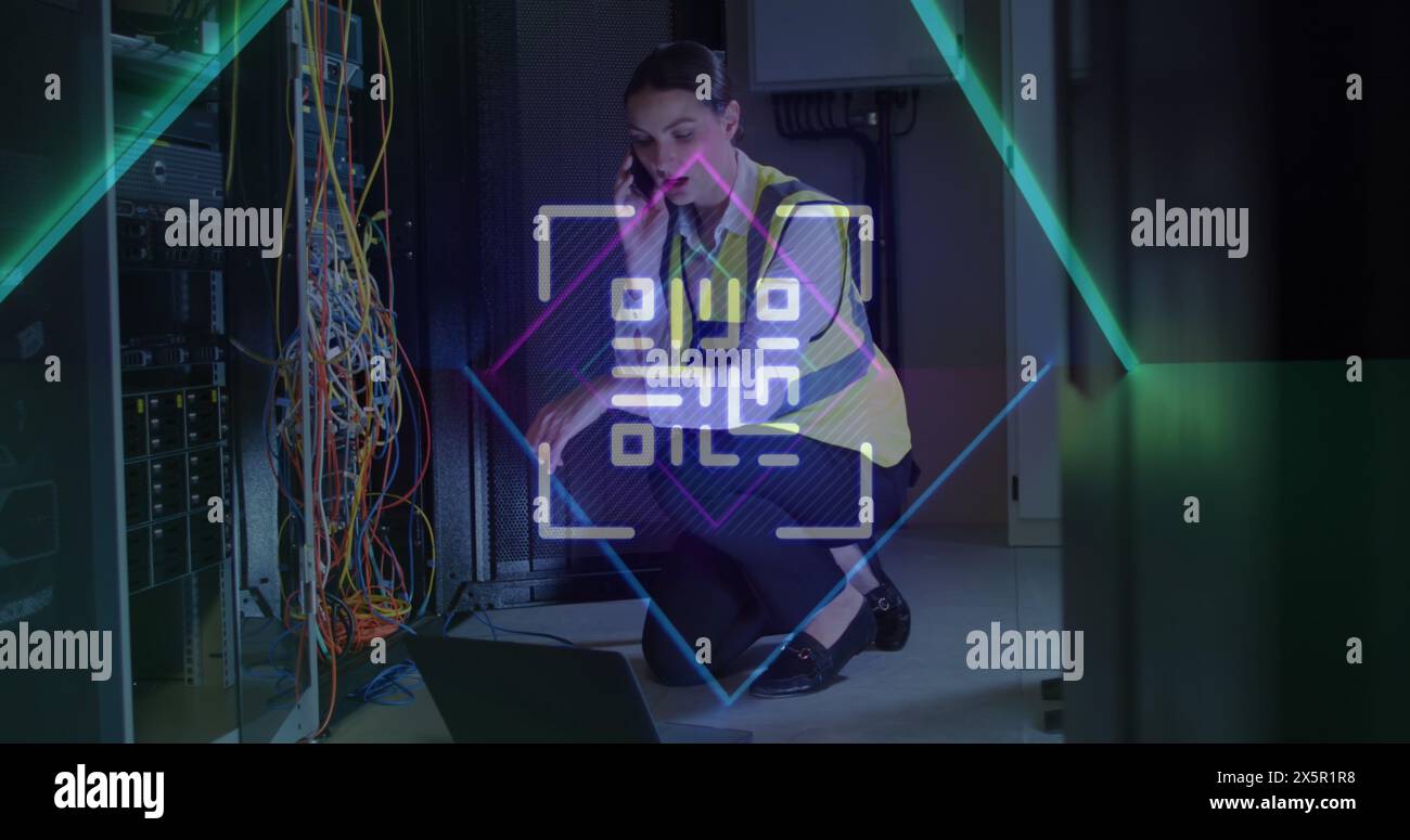 Image of digital data processing and qr code over caucasian female server room worker Stock ...