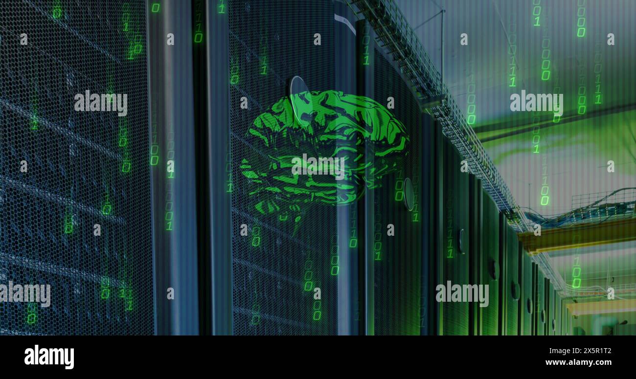 Image of data processing and digital brain over server room Stock Photo ...