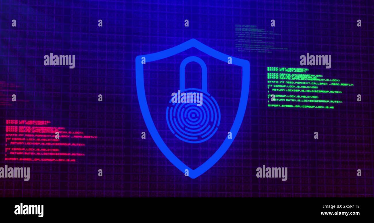 Image of security fingerprint and data processing over dark background ...