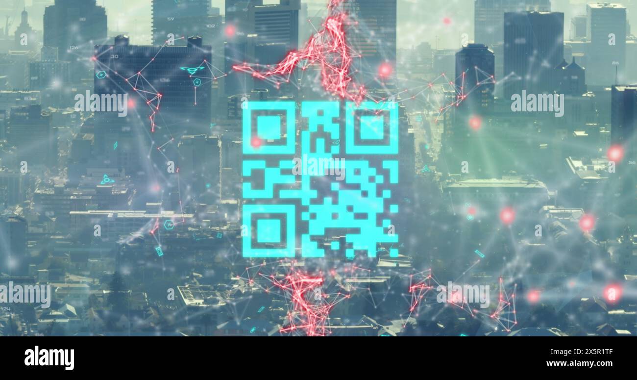 Image of digital qr code with graphical interface loop over modern ...