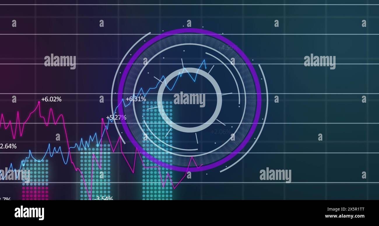 Image of round scanner spinning over statistical data processing against green background Stock ...