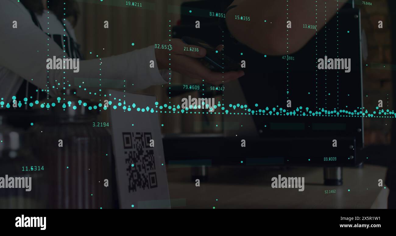 Image of data processing over diverse people paying with smartwatch ...