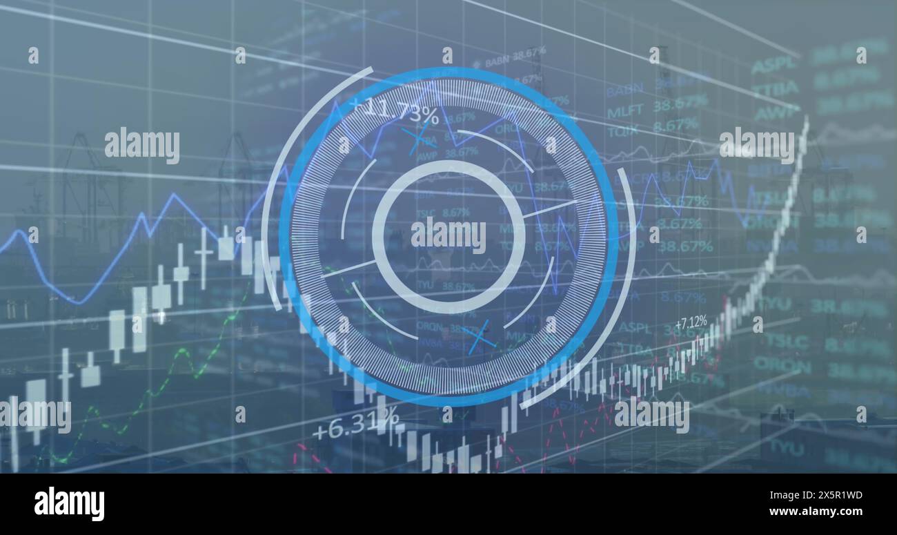 Image of round scanner and financial data processing against aerial ...