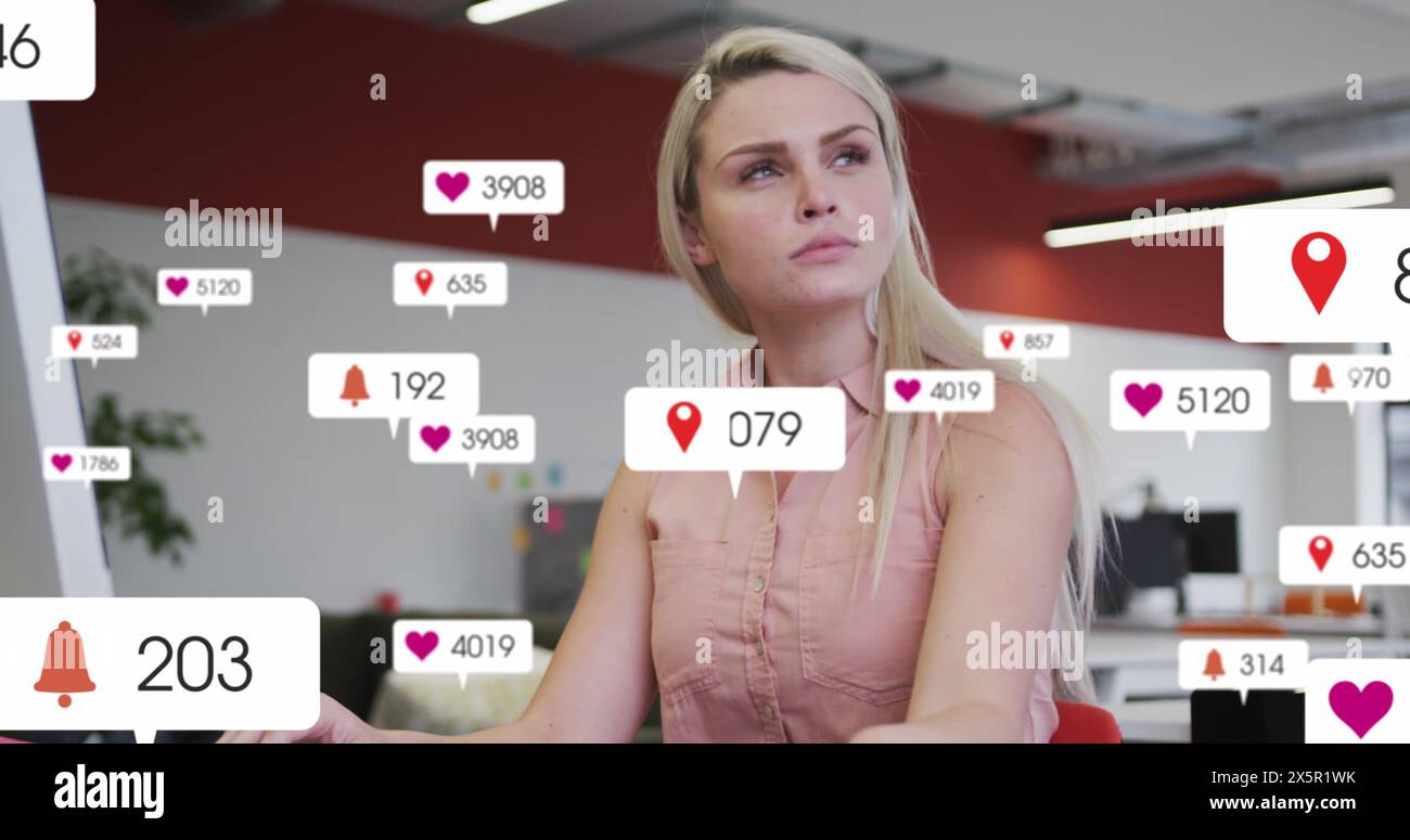 Image of social media notifications processing data over caucasian woman working at office desk ...