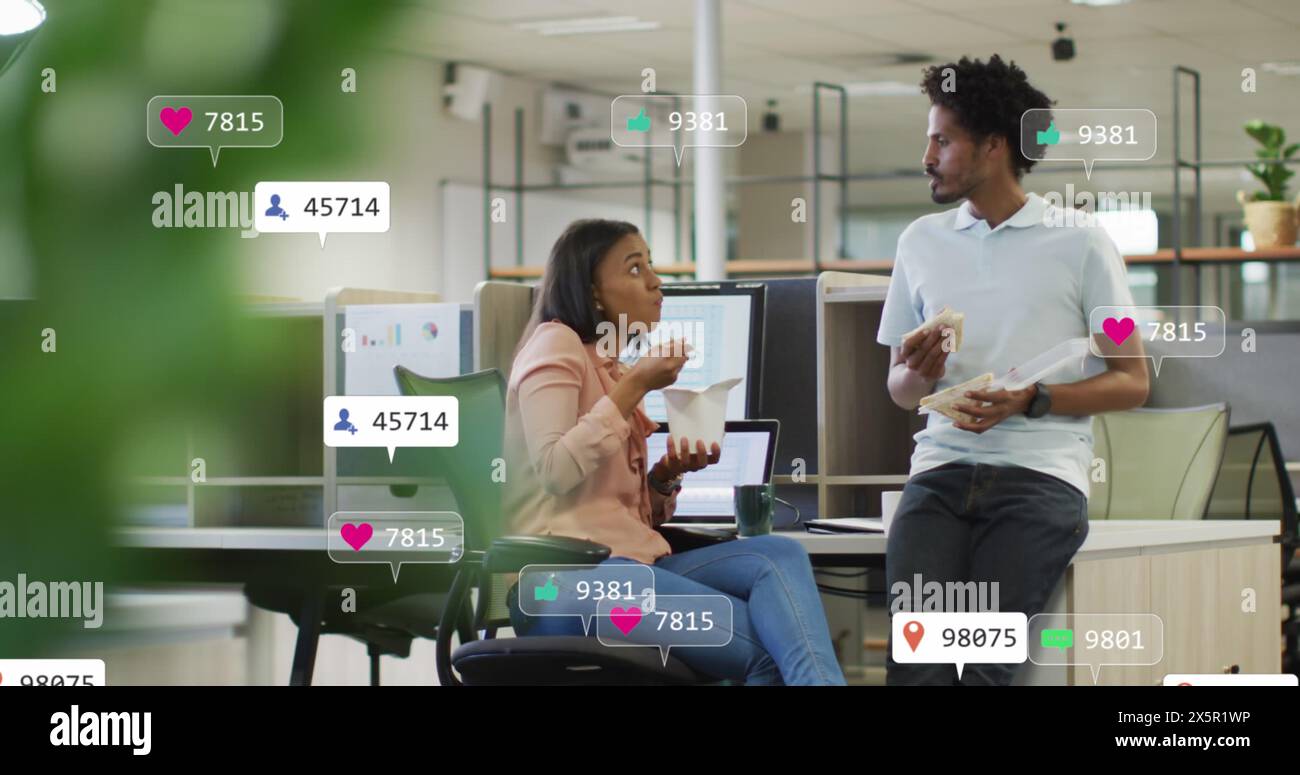 Image of social media notifications over diverse male and female office ...