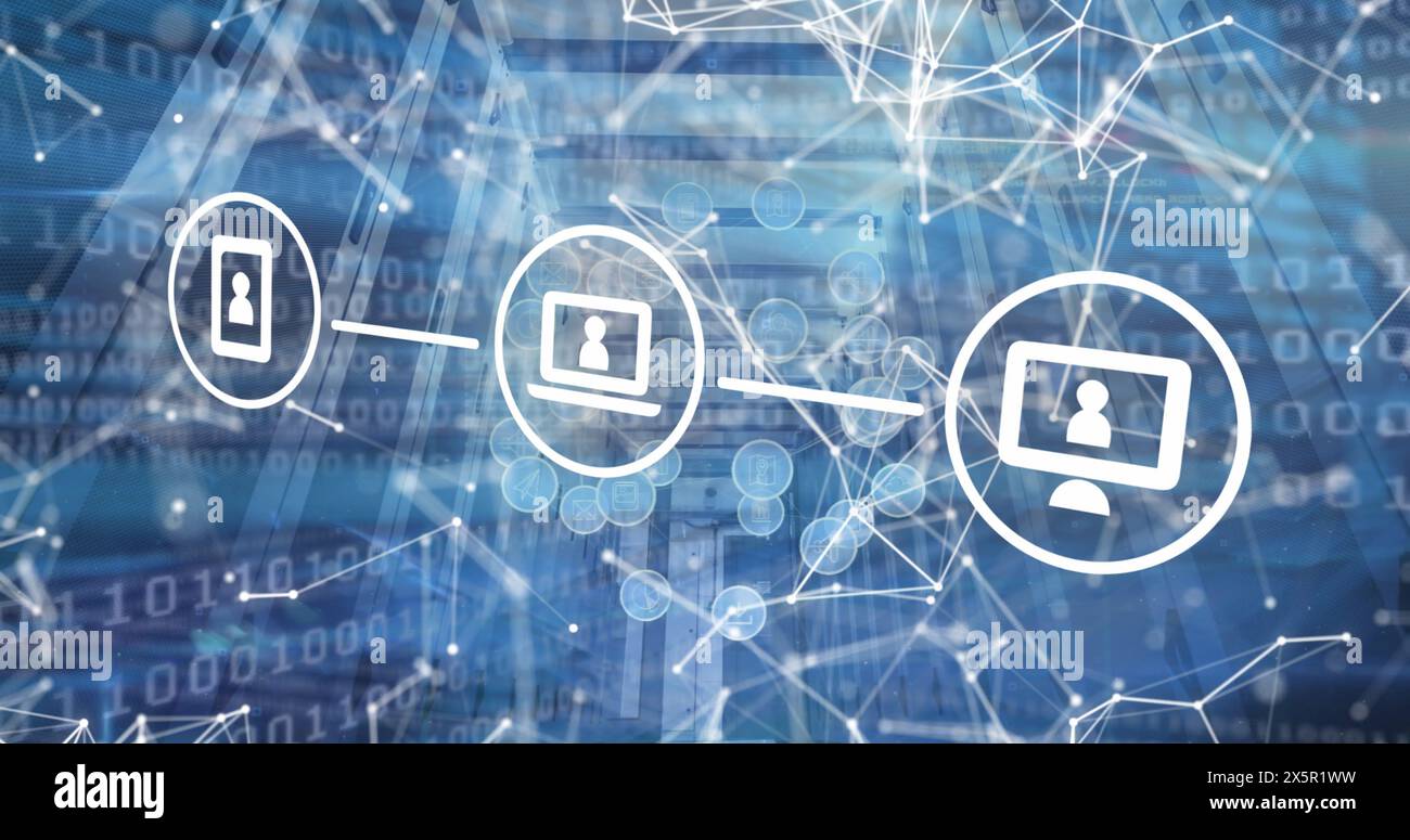 Image of tech icons over connections, binary code and servers Stock Photo - Alamy