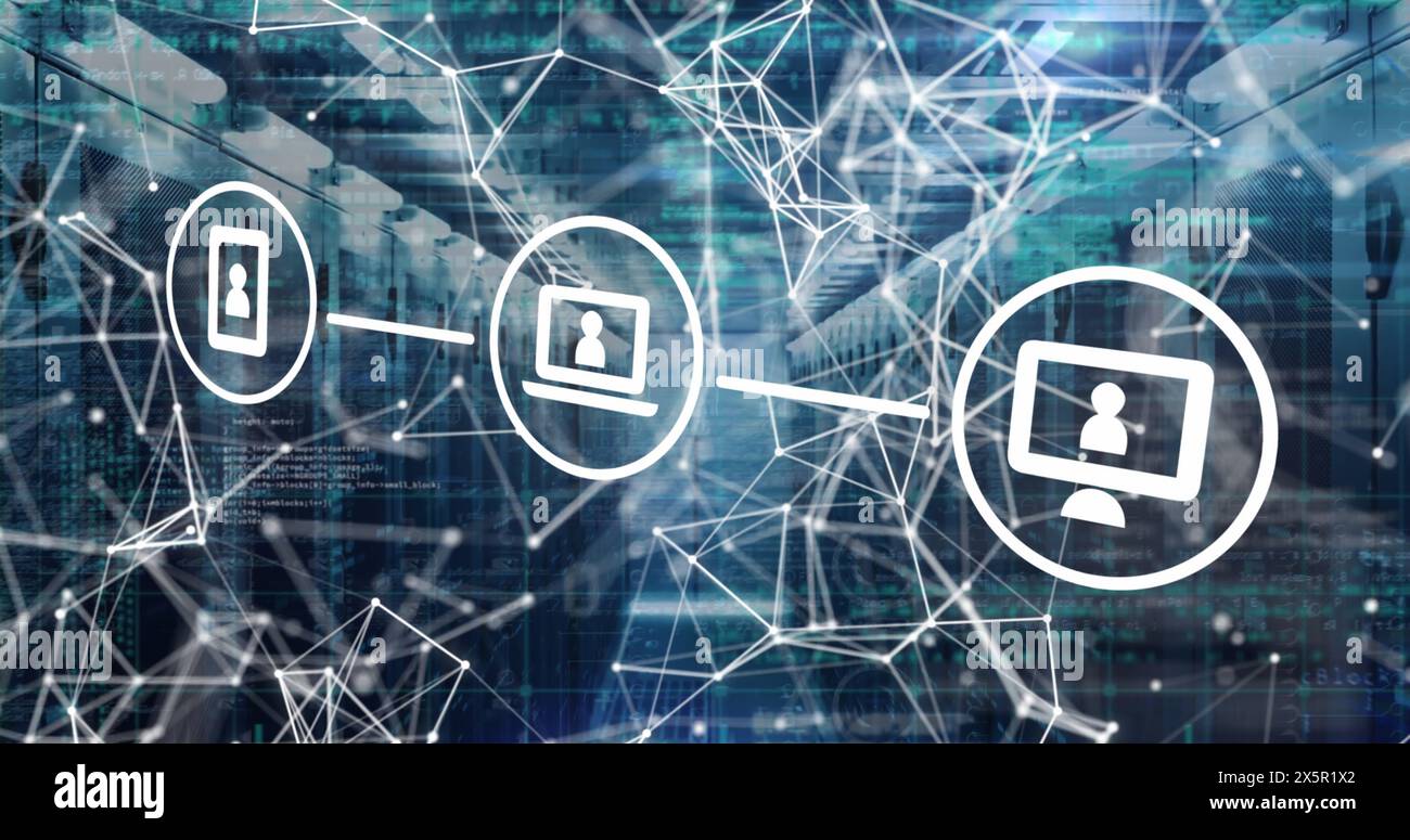 Image of tech icons over connections and servers Stock Photo - Alamy