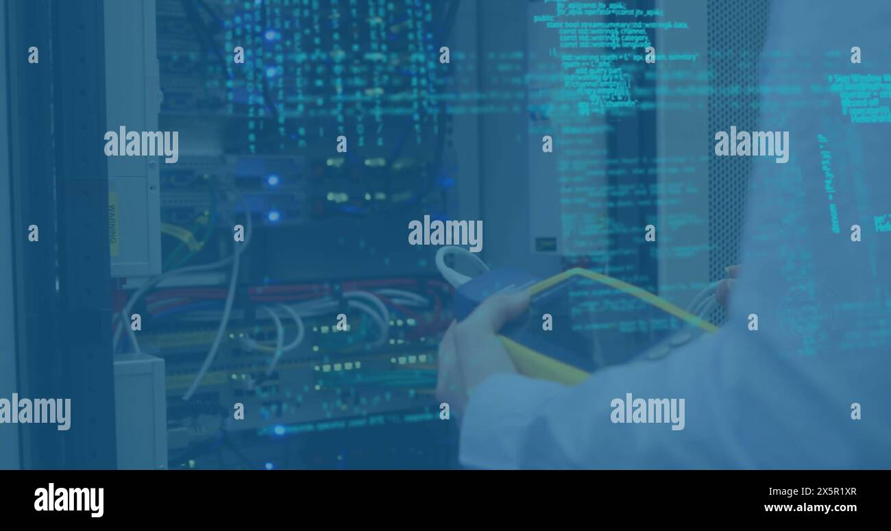 Image of network of connections with icons and data processing over server room Stock Photo - Alamy