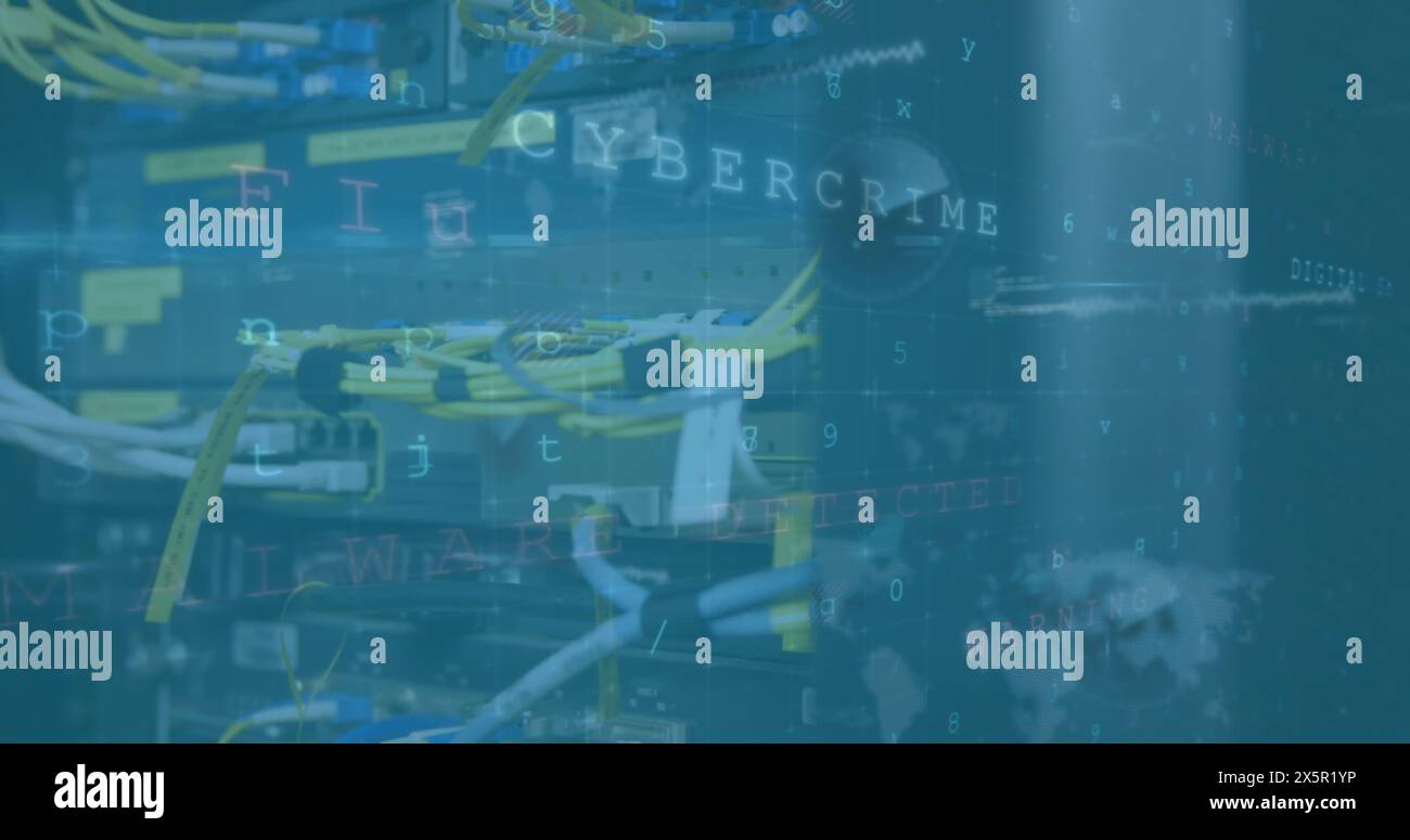 Image of data processing and cyber attack text over computer server Stock Photo - Alamy