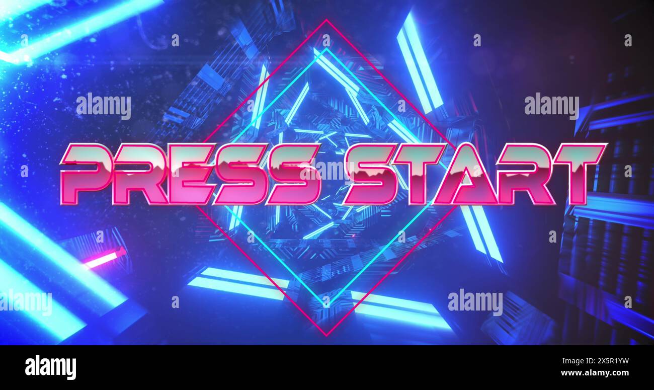 Image of press start text in pink metallic letters over blue neon ...