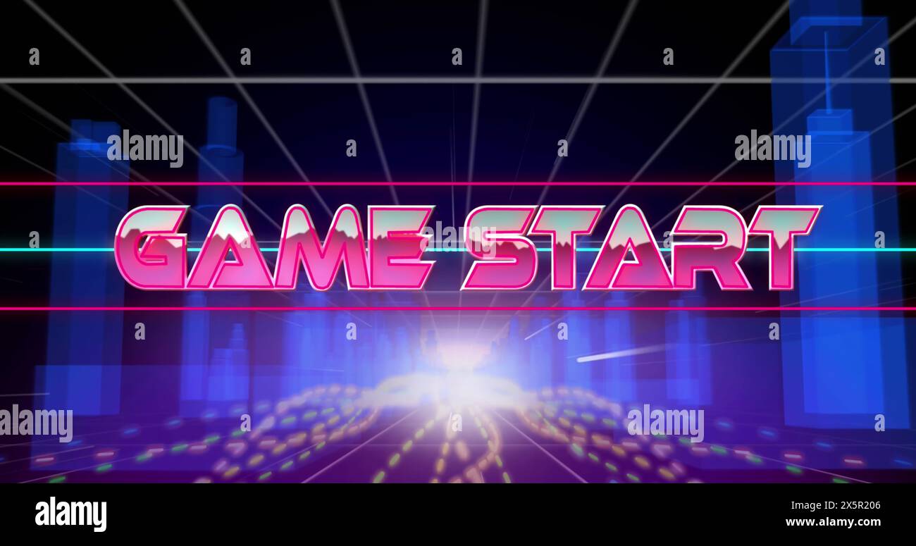 Image of game start text in pink metallic letters over blue lights ...