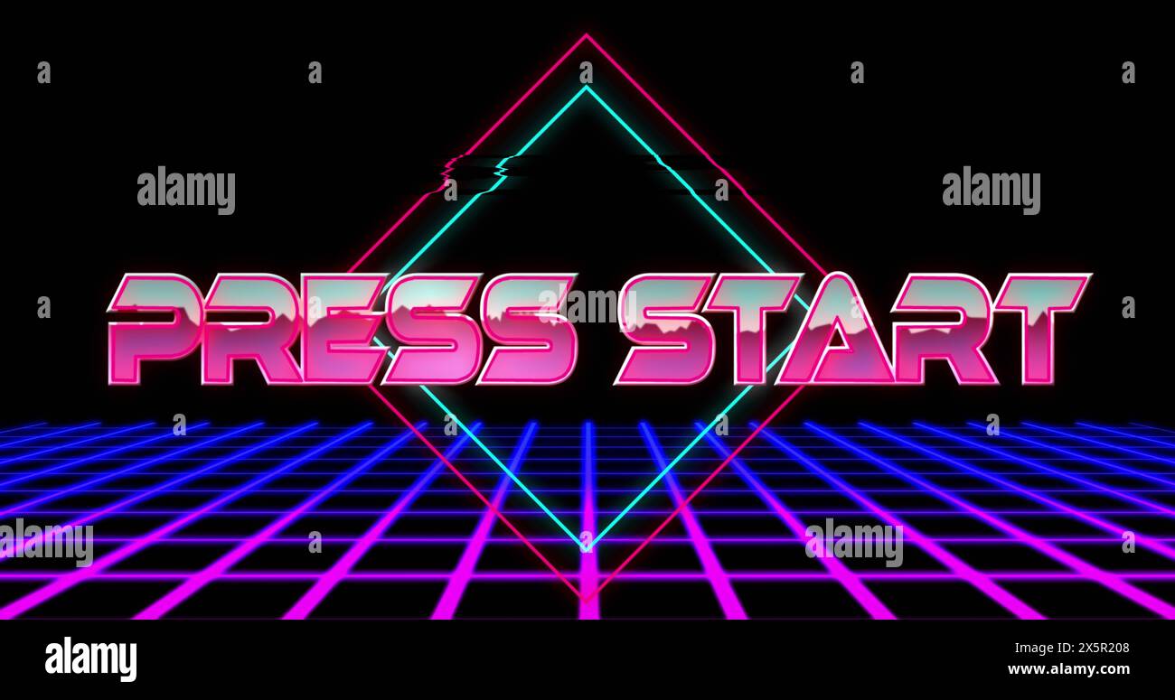 Image of press start text in pink metallic letters over neon lights ...