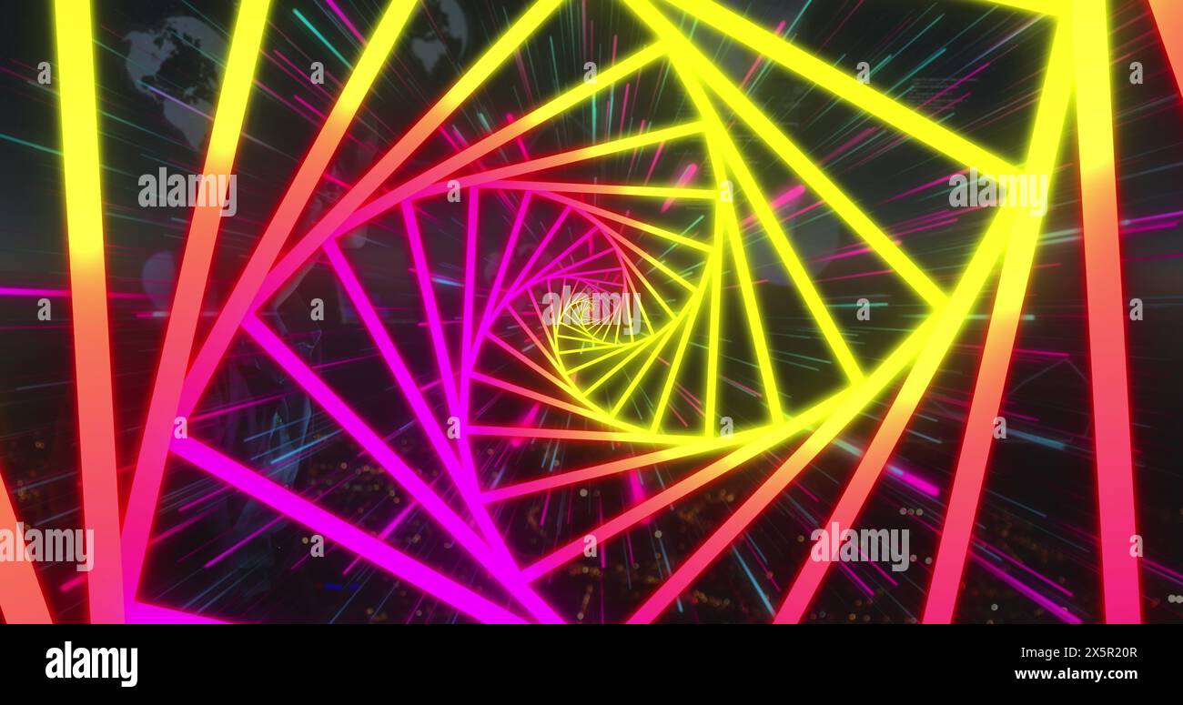 Image of neon shapes over data processing and light trails on black background Stock Photo - Alamy