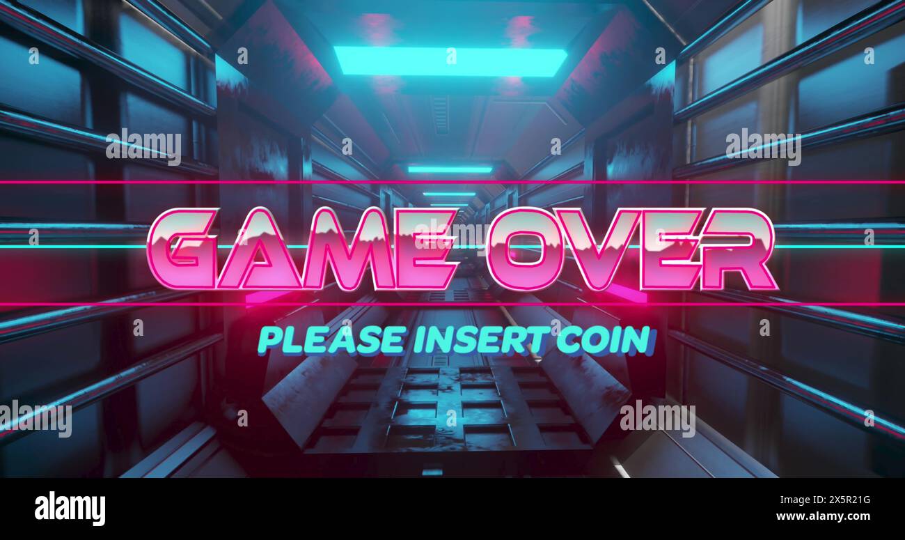 Image of game over text in pink metallic letters over tunnel with blue ...