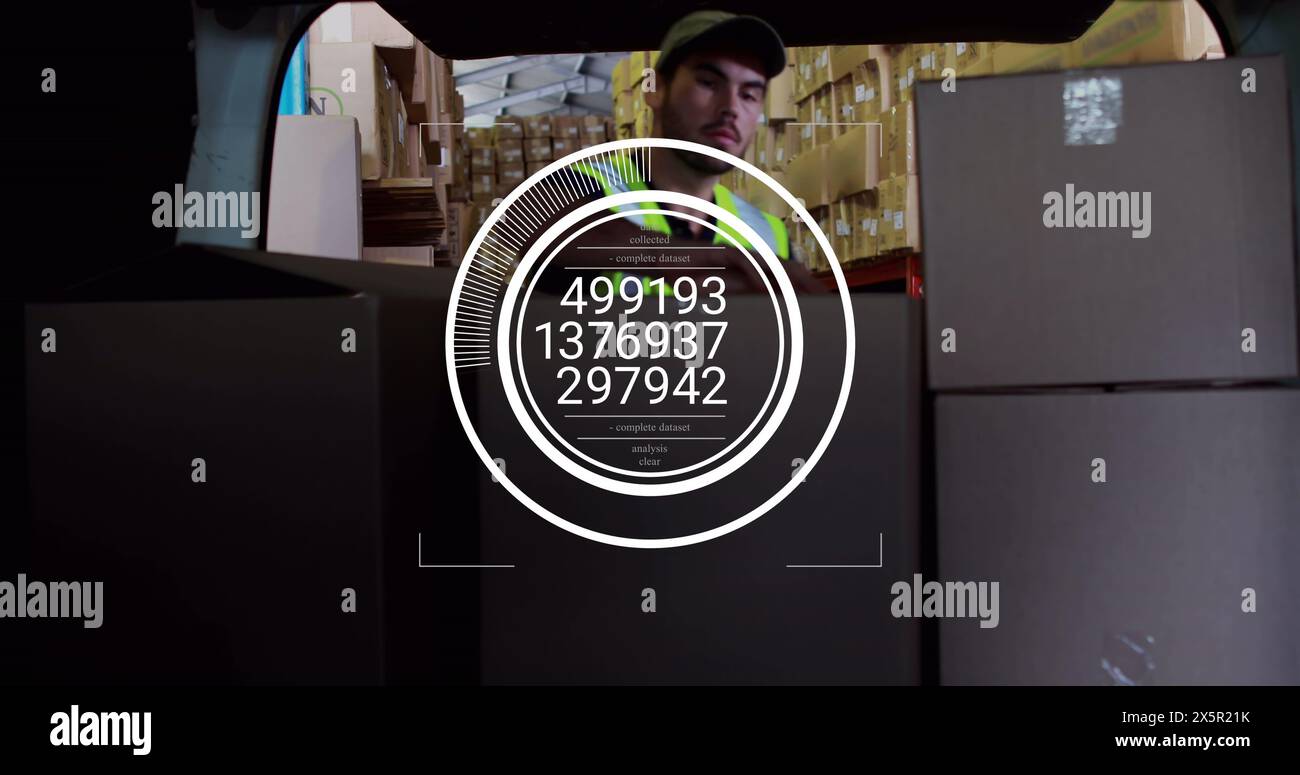 Image of changing numbers in circles over caucasian man placing boxes ...
