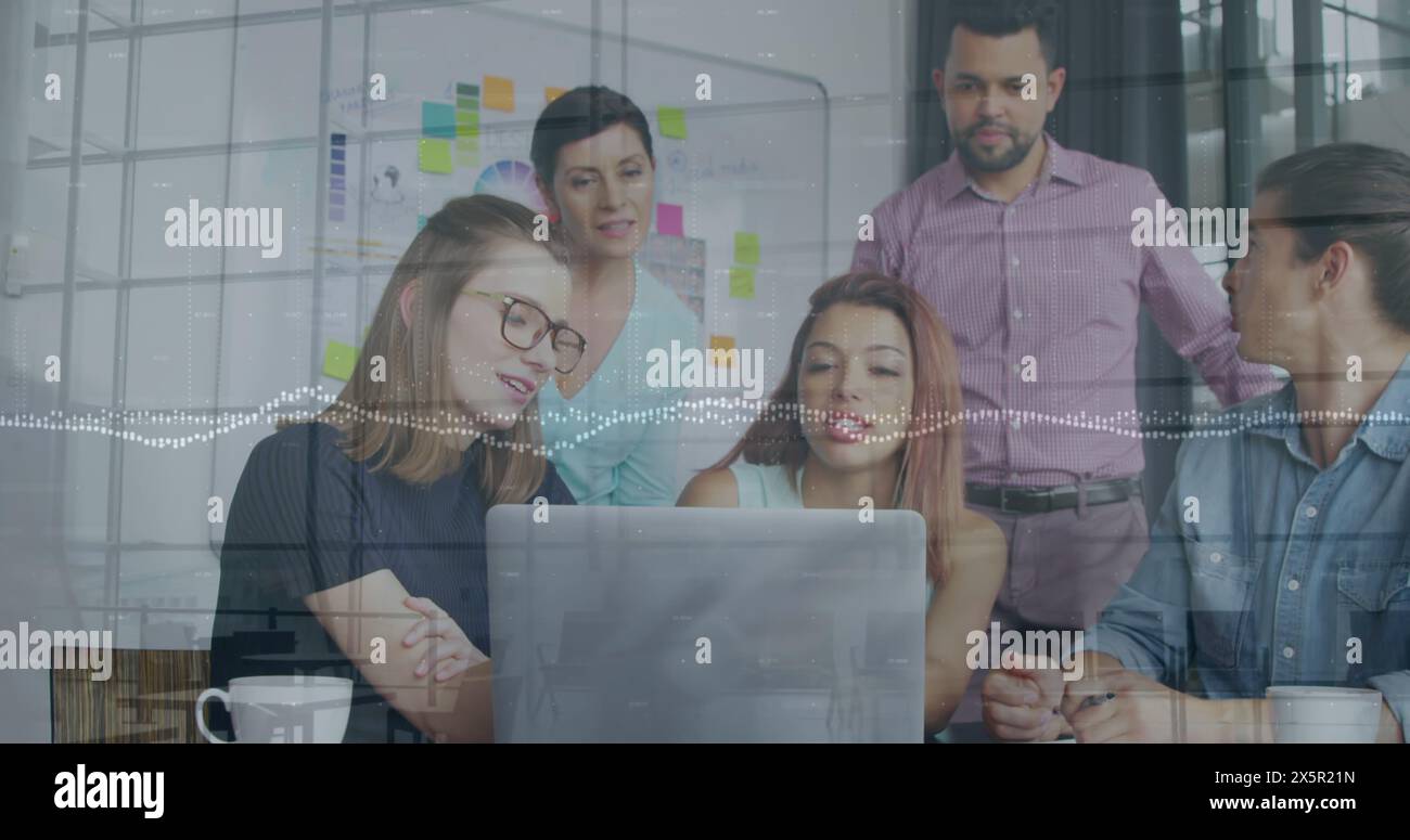 Image of people walking and data processing over diverse business ...