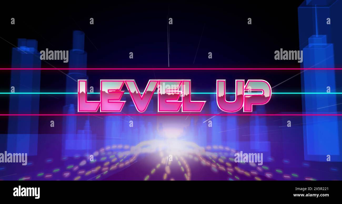 Image of level up text in pink metallic letters over digital city with ...