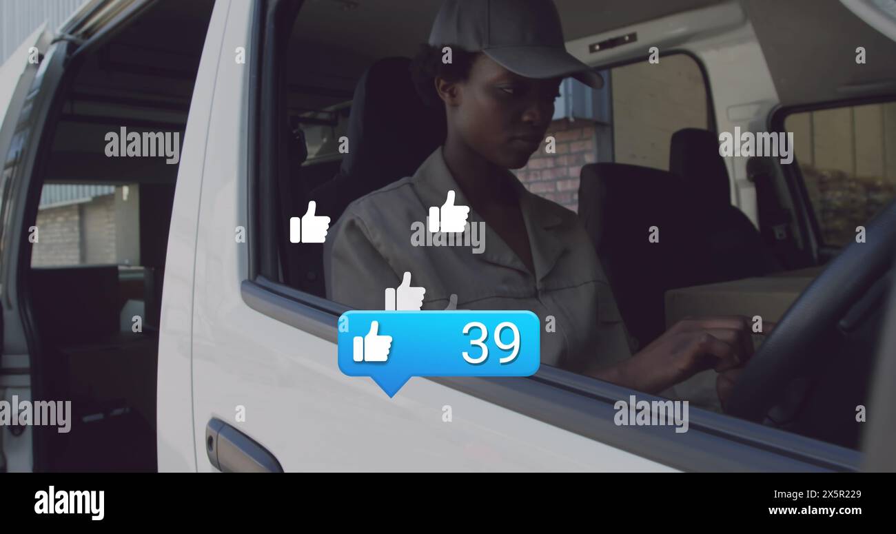 Image of notification label, thumbs up icons, african american woman ...