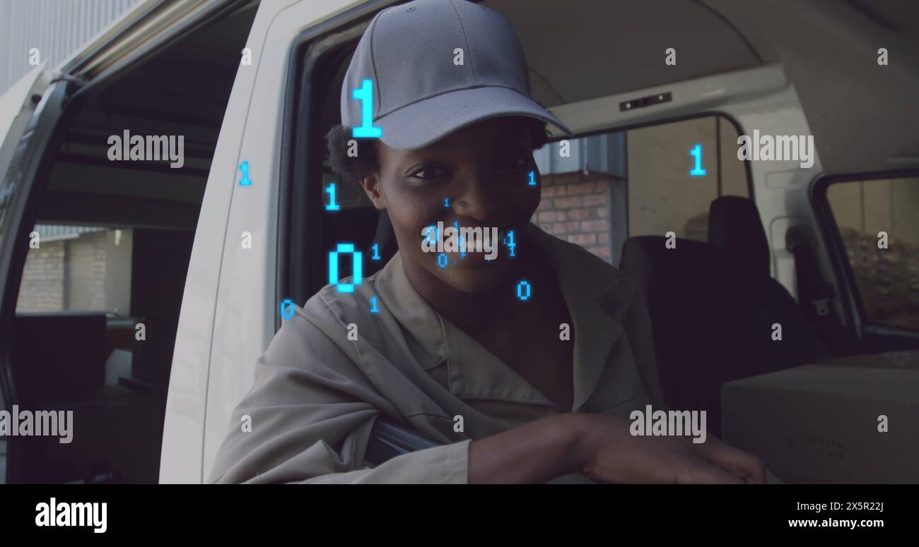 Image of binary codes over smiling african american woman sitting in ...