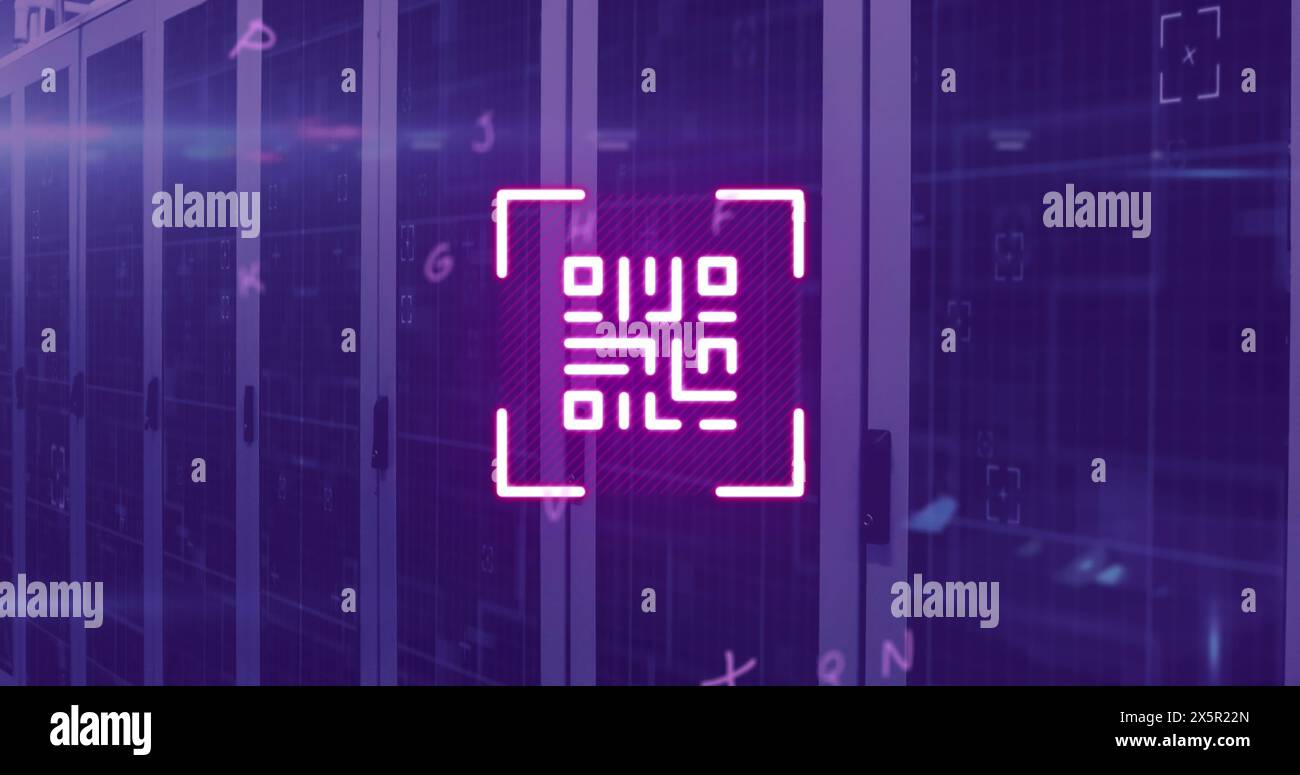 Image of qr code and letters over computer servers in background Stock ...