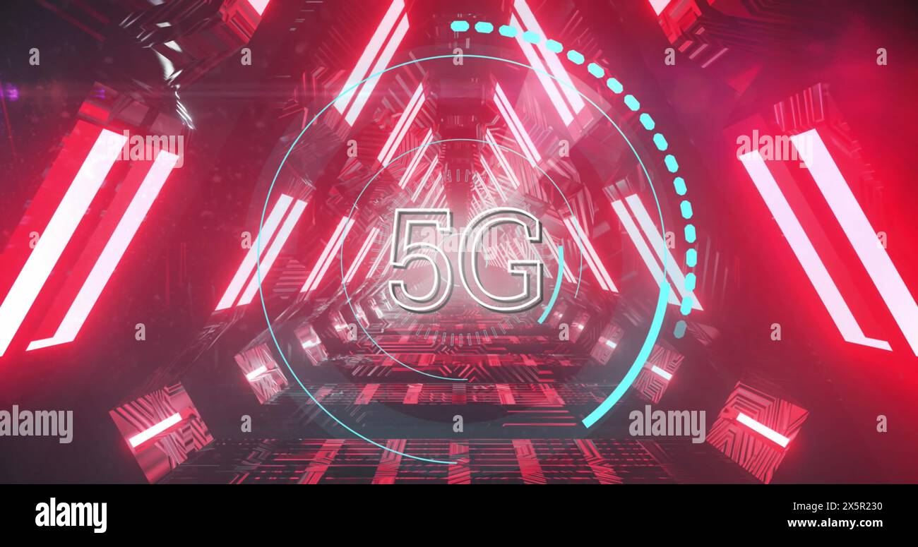 Image of 5g and processing circle in neon tunnel Stock Photo - Alamy