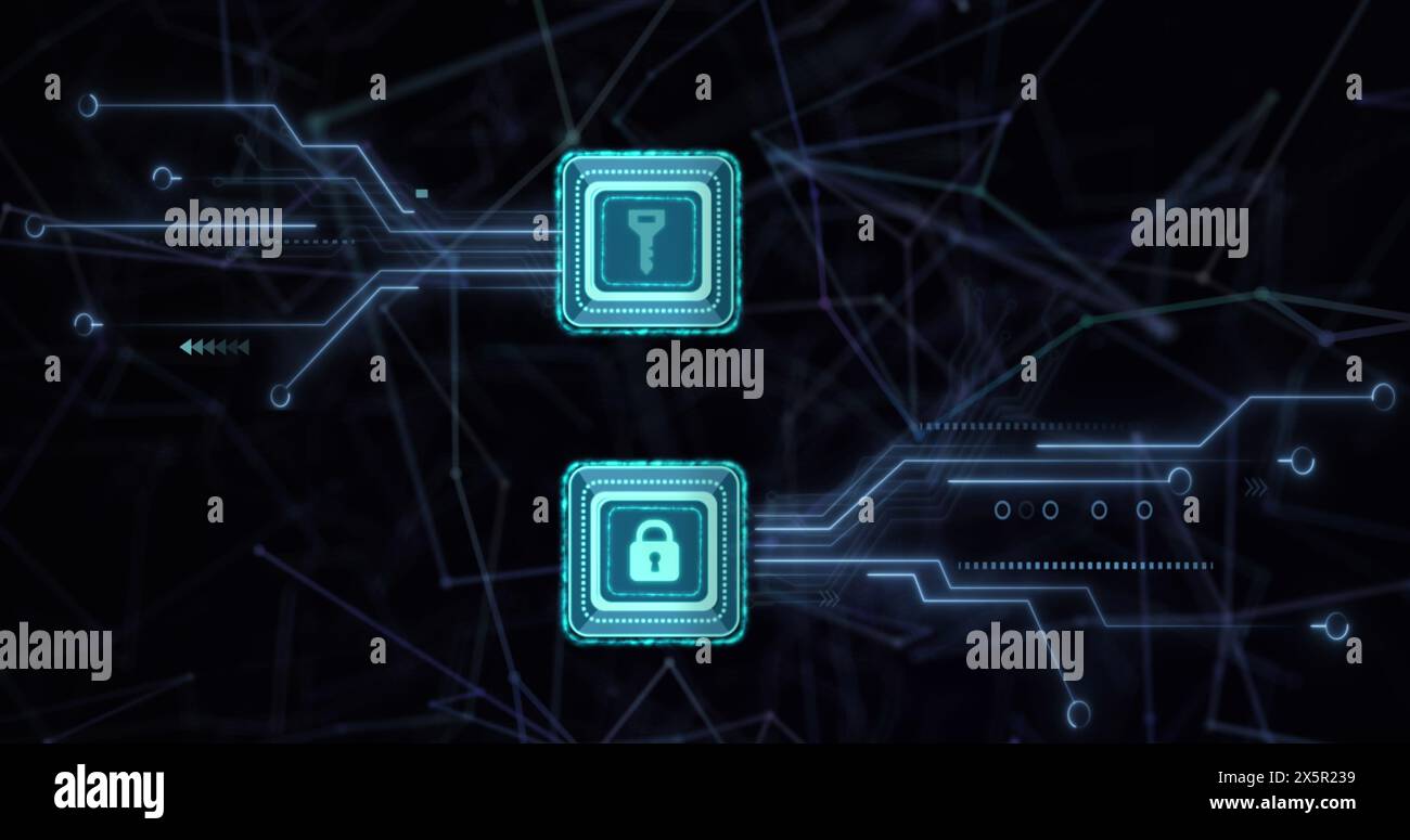 Image of online security padlock and key icons and data processing over computer motherboard ...