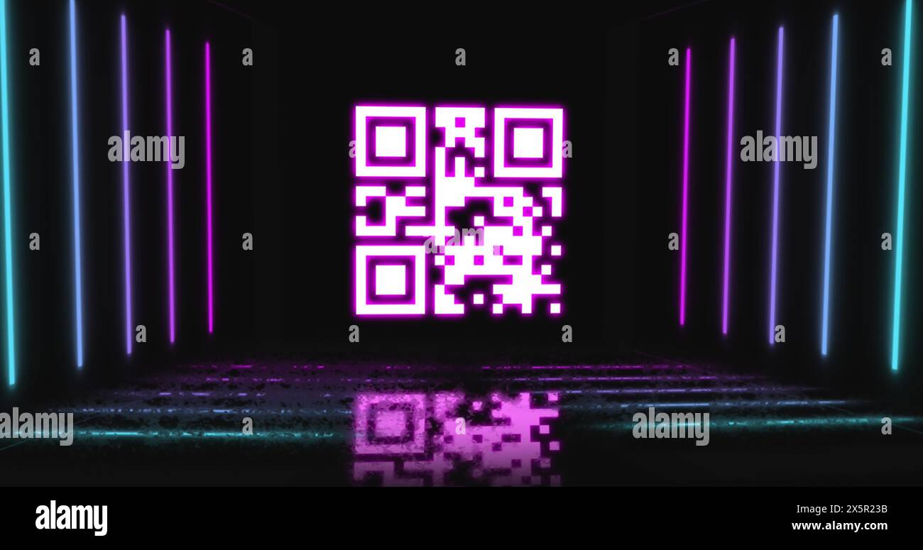 Image of neon qr code scanner flickering against black background Stock ...