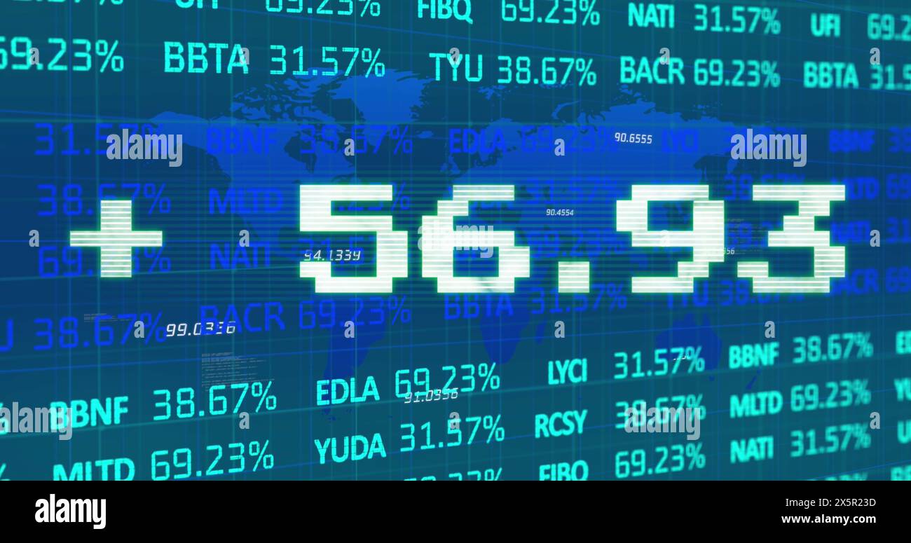 Image of addition symbol with numbers and trading board against map ...