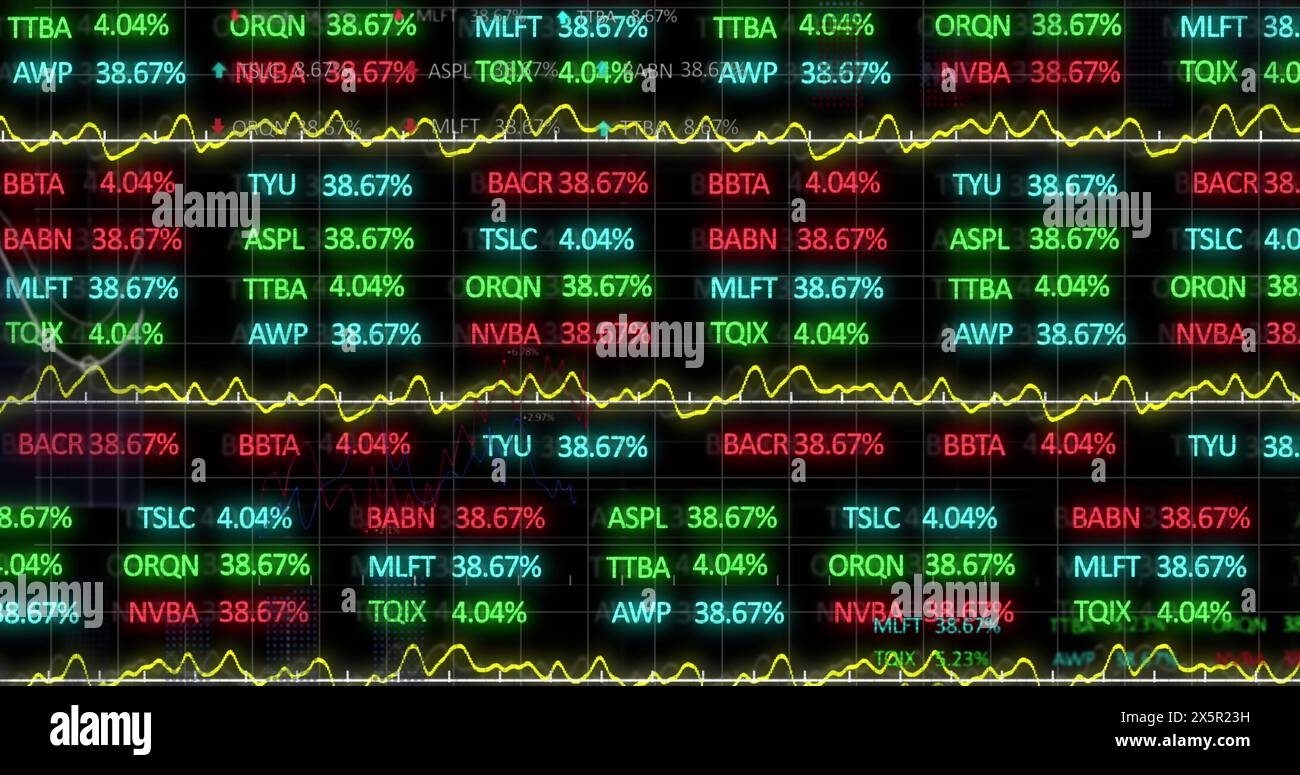 The image shows a stock market display with red, blue, and green stock ...