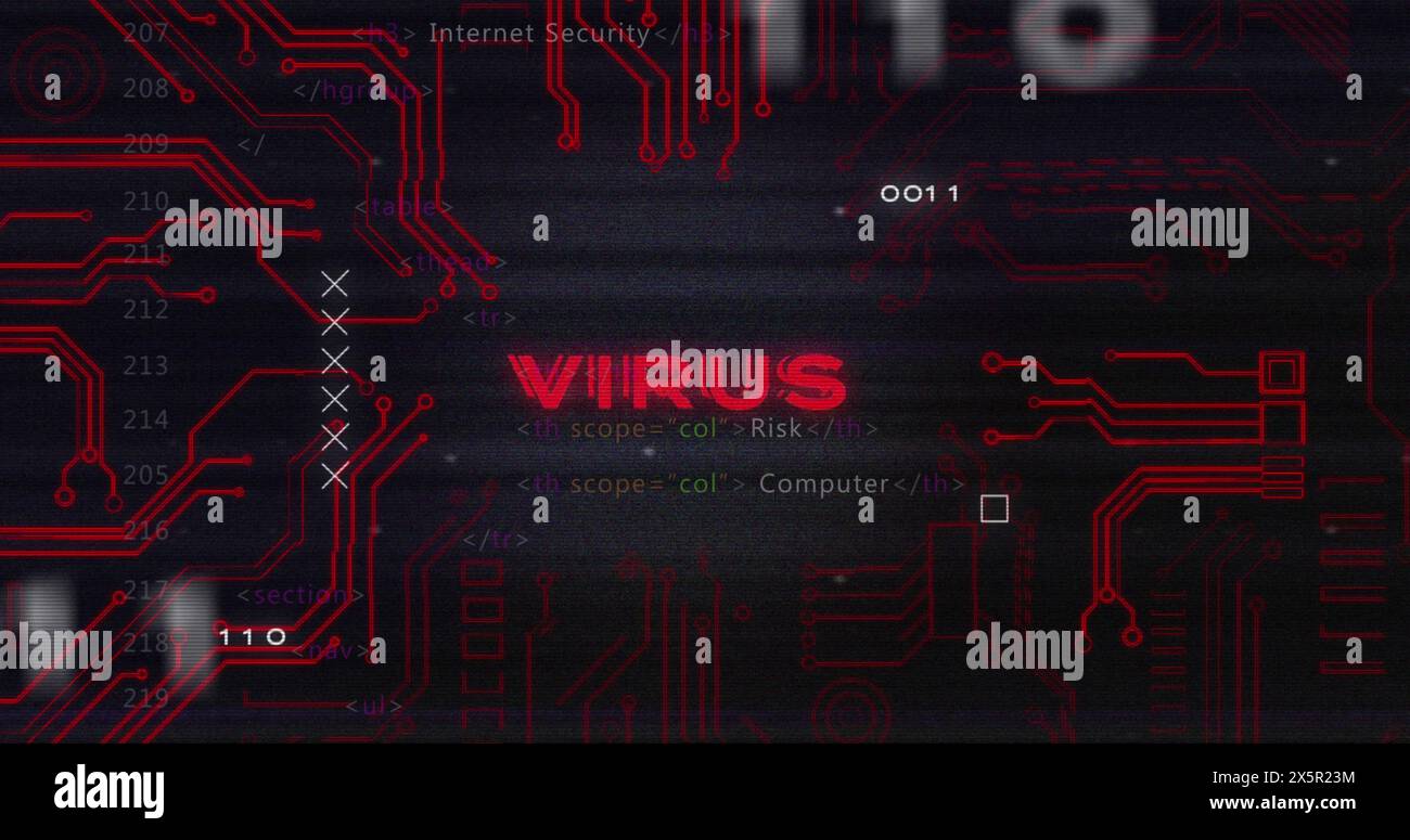 Image of glitch technique over virus text, circuit board pattern ...
