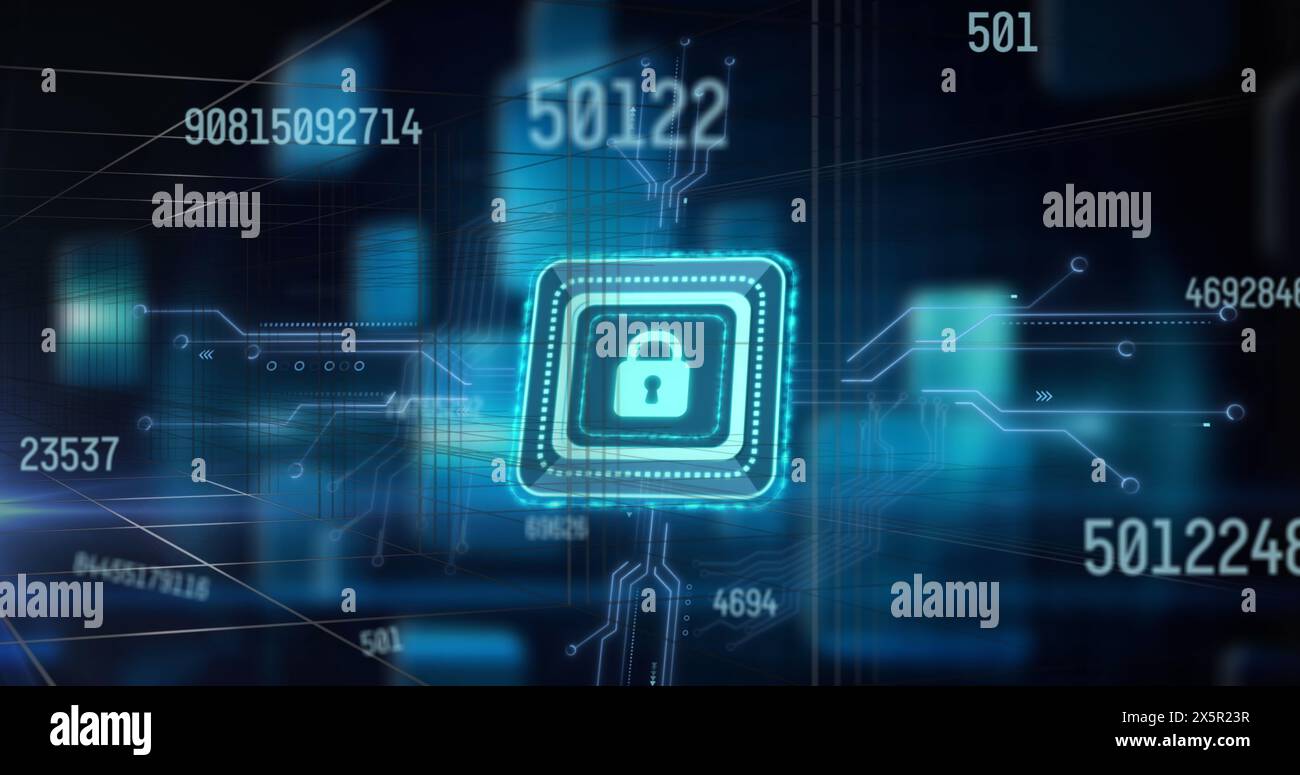 Image of online security padlock icon with numbers processing on blue background Stock Photo - Alamy