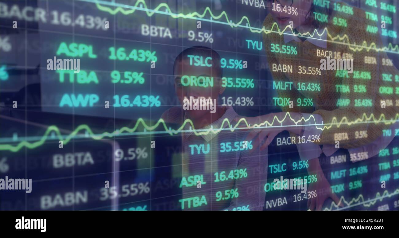 Image of financial data processing over business people using computer ...