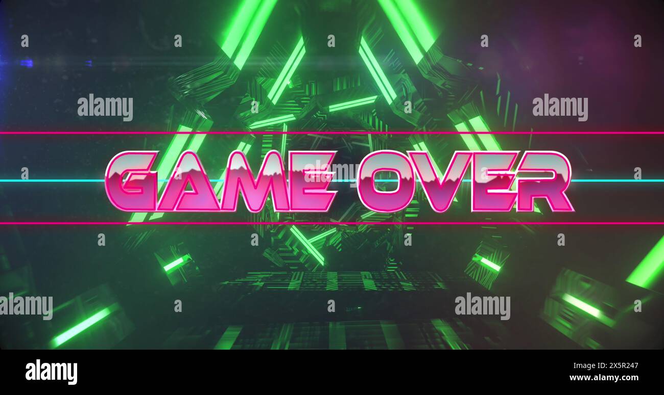 Image of game over text in pink metallic letters over green neon lights ...